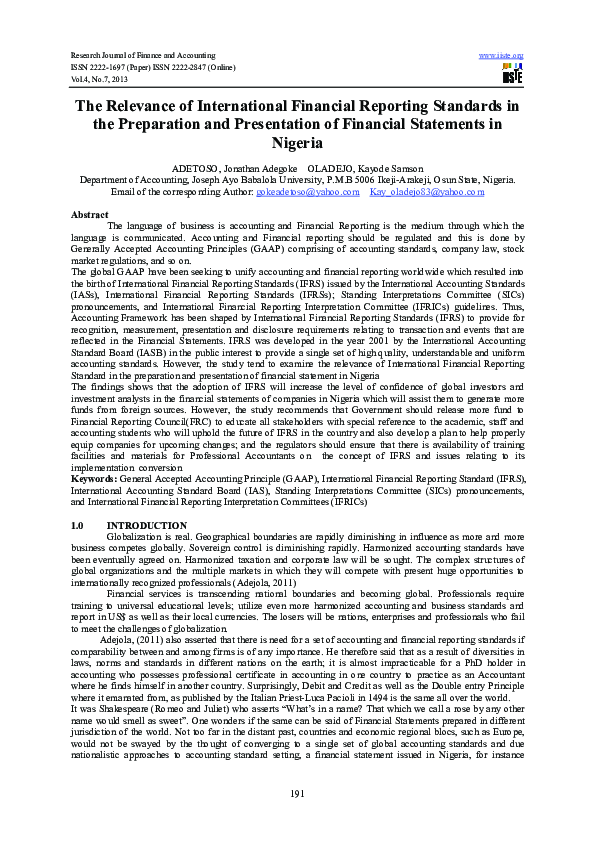 (PDF) The Relevance of International Financial Reporting Standards in the Preparation and ...