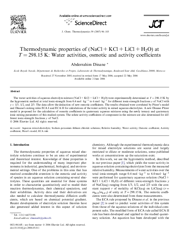 (PDF) Thermodynamic properties of (NaCl+KCl+LiCl+H2O) at T=298.15K: Water activities, osmotic ...