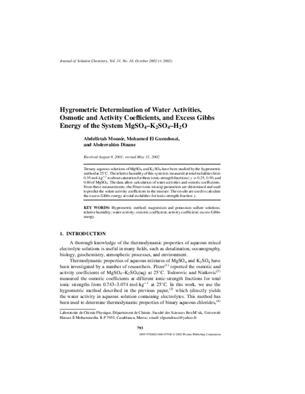 (PDF) Hygrometric determination of water activities and osmotic and ...
