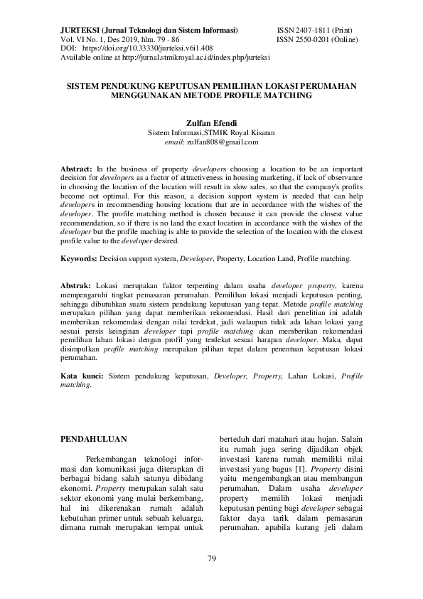 (PDF) Sistem Pendukung Keputusan Pemilihan Lokasi Perumahan Menggunakan Metode Profile Matching ...
