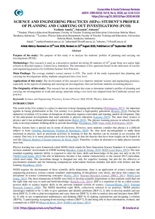 (PDF) SCIENCE AND ENGINEERING PRACTICES (SEPs): STUDENT'S PROFILE OF ...