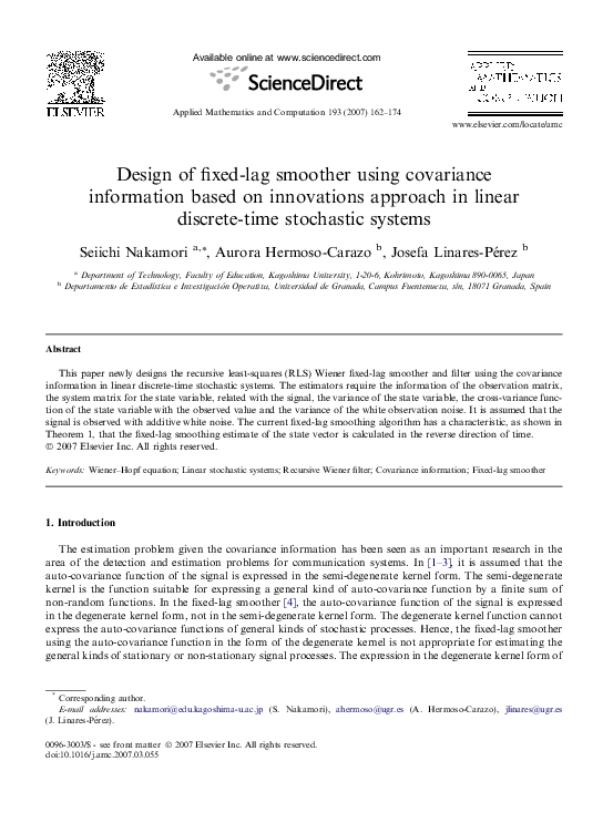 (PDF) Design of fixed-lag smoother using covariance information based on innovations approach in ...