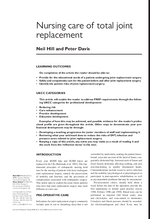(PDF) Nursing care of total joint replacement
