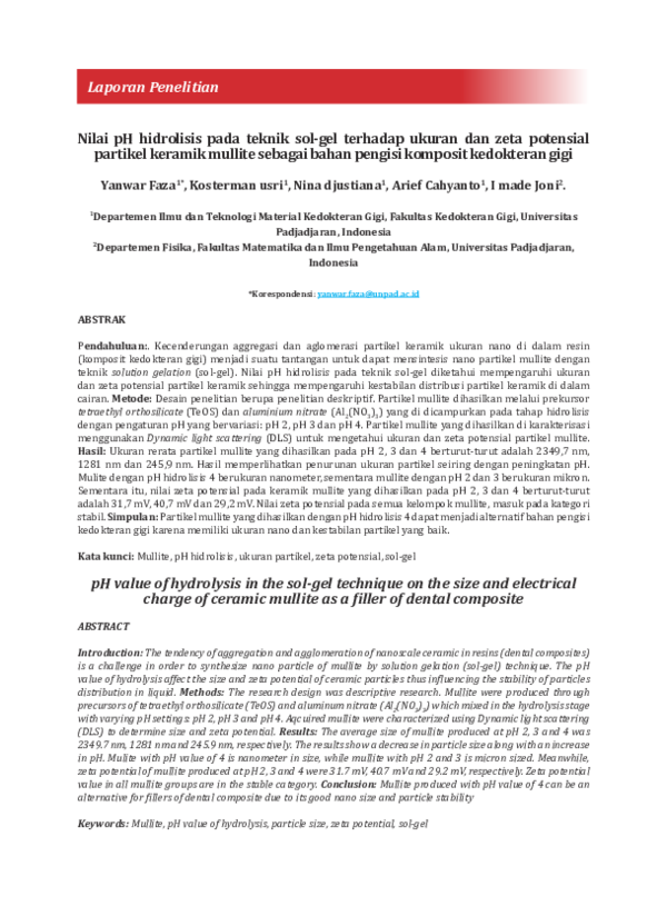 (PDF) Nilai pH hidrolisis pada teknik sol-gel terhadap ukuran dan zeta ...
