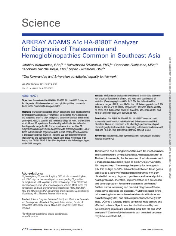 (PDF) ARKRAY ADAMS A1c HA-8180T Analyzer for Diagnosis of Thalassemia ...
