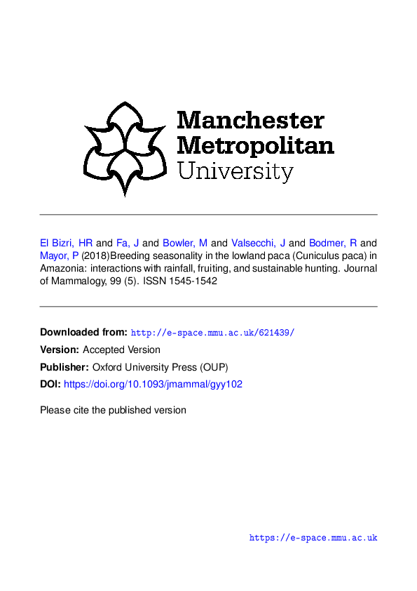 (PDF) Breeding seasonality in the lowland paca (Cuniculus paca) in ...