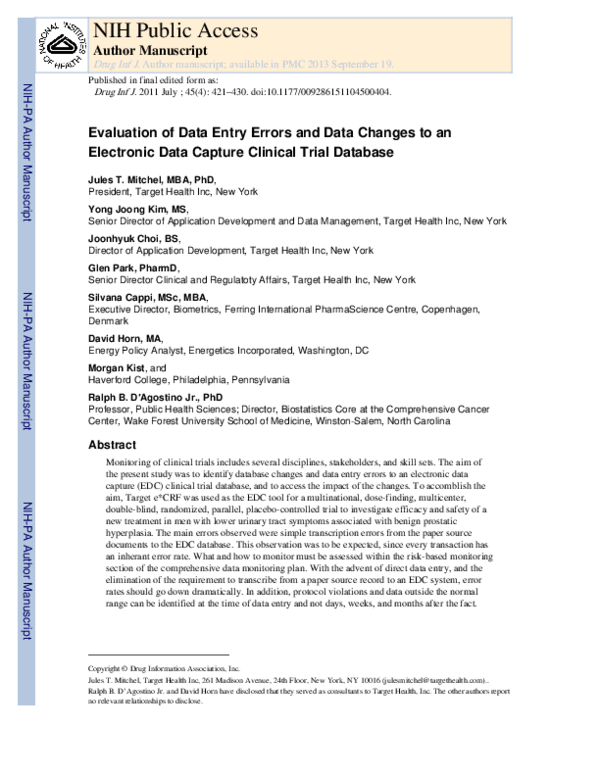 (PDF) Evaluation of Data Entry Errors and Data Changes to an Electronic ...