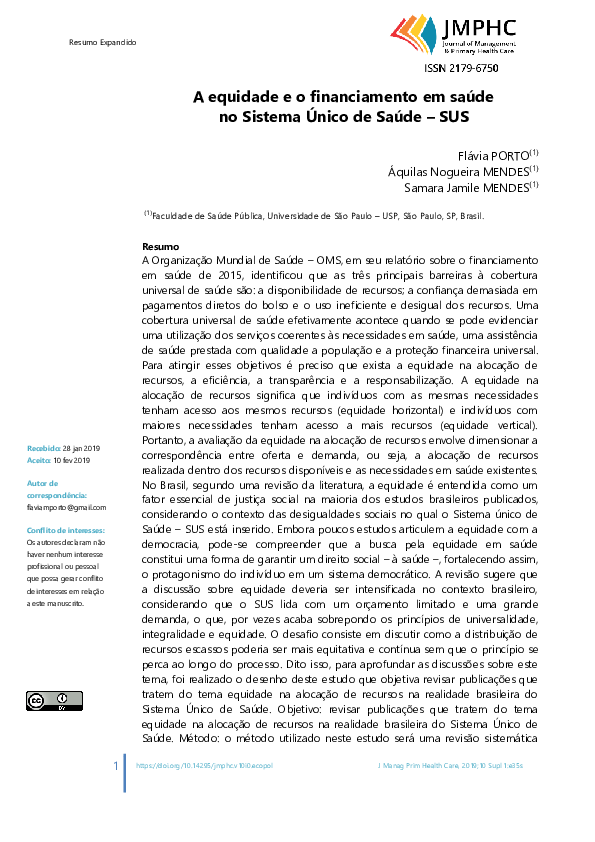 (PDF) A equidade e o financiamento em saúde no sistema único de saúde (SUS)