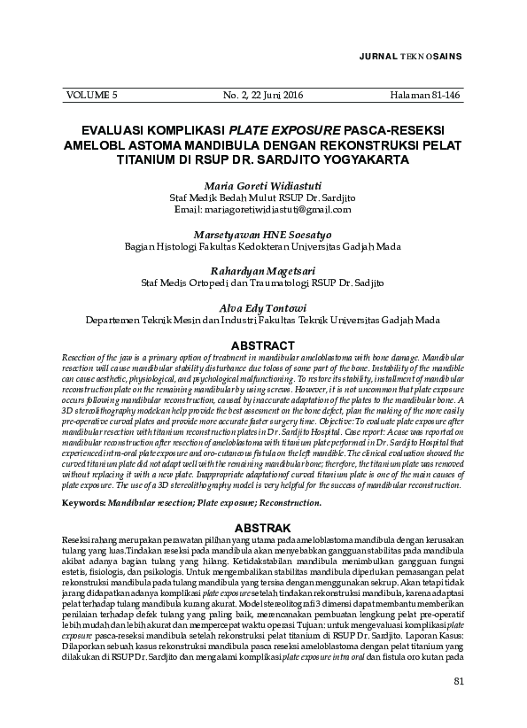 (PDF) Evaluasi Komplikasi Plate Exposure Pasca Reseksi Amelobl Astoma ...