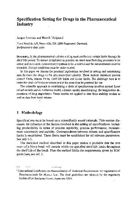 (PDF) Specification Setting for Drugs in the Pharmaceutical Industry