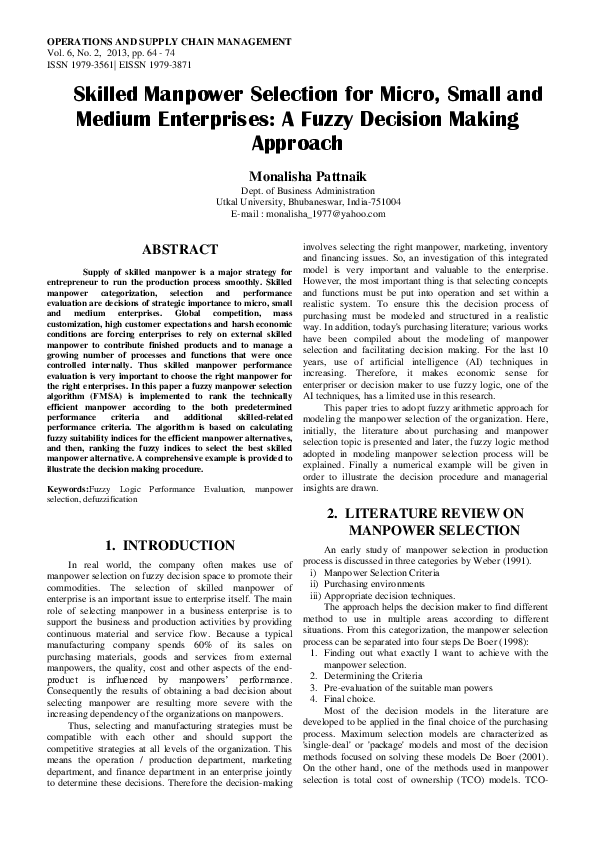 Pdf Skilled Manpower Selection For Micro Small And Medium Enterprises A Fuzzy Decision