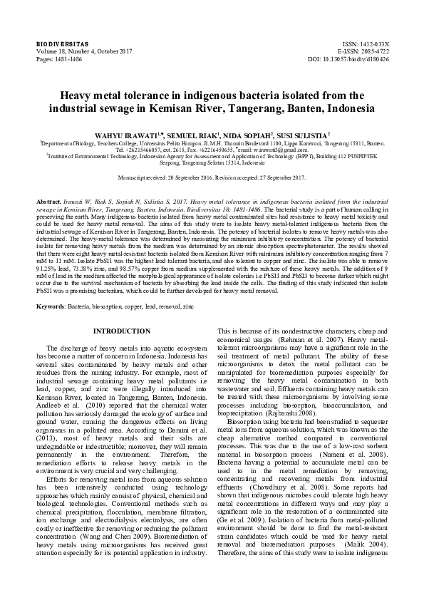 (PDF) Heavy metal tolerance in indigenous bacteria isolated from the ...