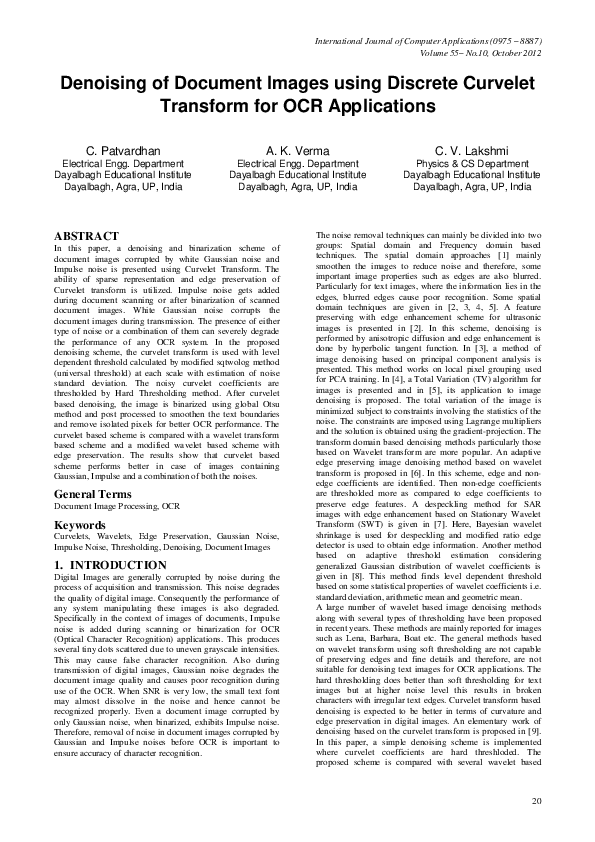 Pdf Denoising Document Images With Curvelet Transform