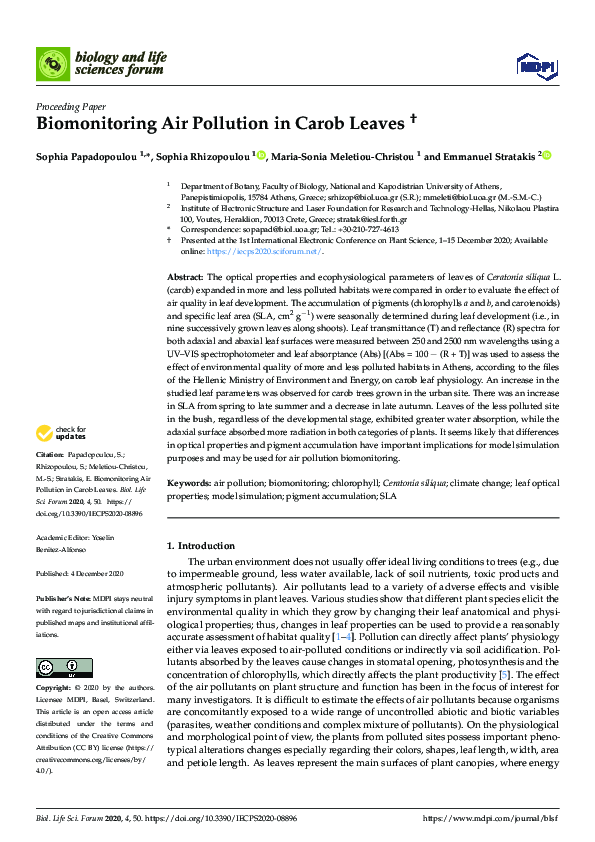 (PDF) Biomonitoring Air Pollution in Carob Leaves