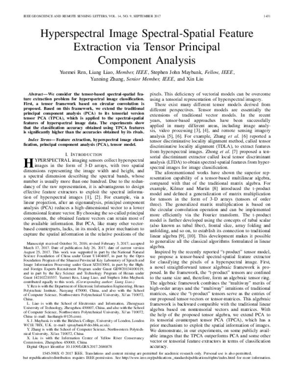 Pdf Hyperspectral Image Spectral Spatial Feature Extraction Via Tensor Principal Component