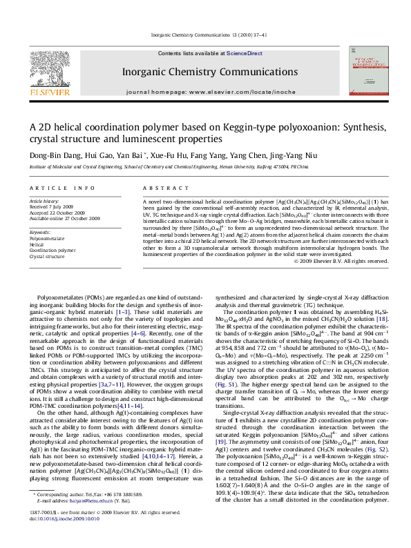 (PDF) A 2D helical coordination polymer based on Keggin-type polyoxoanion: Synthesis, crystal ...