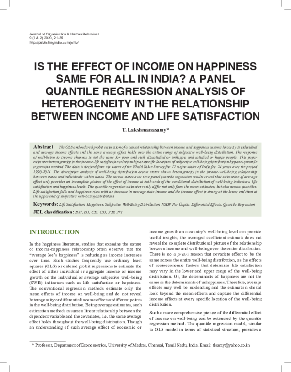 (PDF) Is the Effect of Income on Happiness Same for All in India? A ...