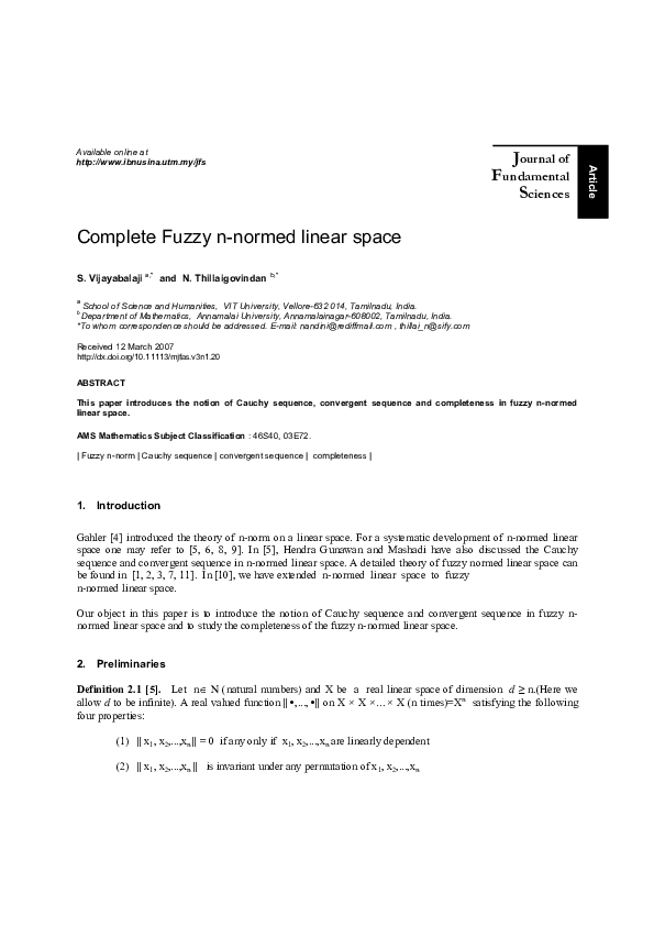 (PDF) Complete fuzzy n- normed linear space