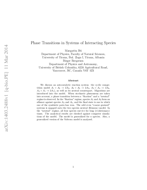 (PDF) Phase Transitions in Systems of Interacting Species