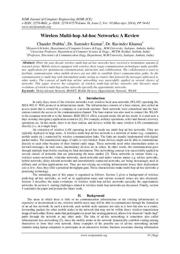 Pdf Wireless Multi Hop Ad Hoc Networks A Review