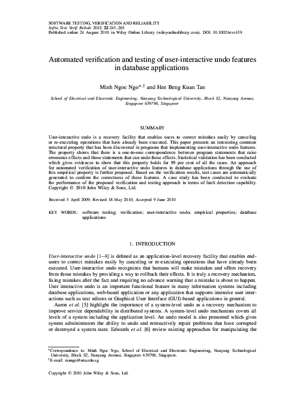 Pdf Automated Verification And Testing Of User Interactive Undo Features In Database