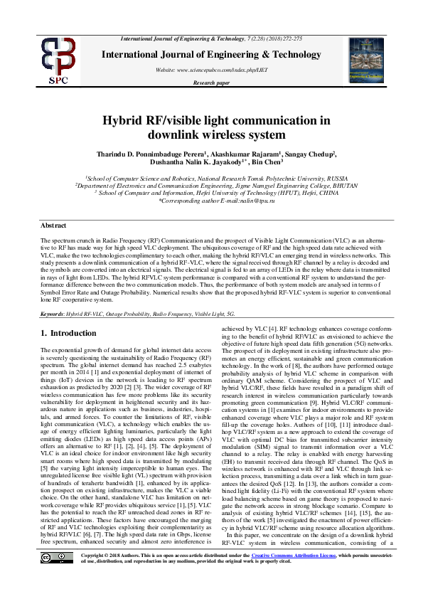 (PDF) Hybrid RF/visible light communication in downlink wireless system