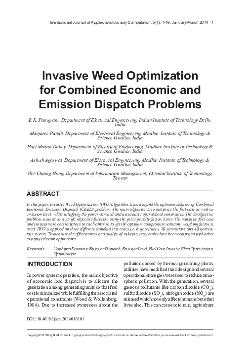 (PDF) Invasive Weed Optimization for Combined Economic and Emission Dispatch Problems