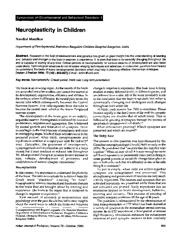 (PDF) Neuroplasticity in children