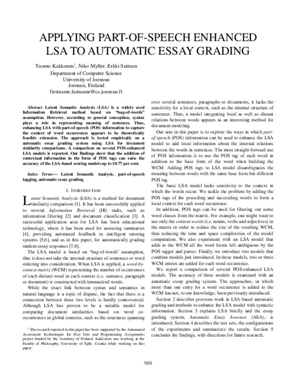 (PDF) Applying Part-of-Seech Enhanced LSA to Automatic Essay Grading
