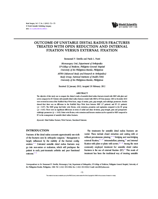 (PDF) Outcome of Unstable Distal Radius Fractures Treated with Open Reduction and Internal ...