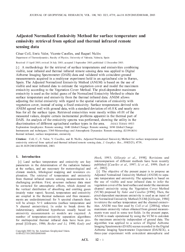 (PDF) Adjusted Normalized Emissivity Method for surface temperature and emissivity retrieval ...