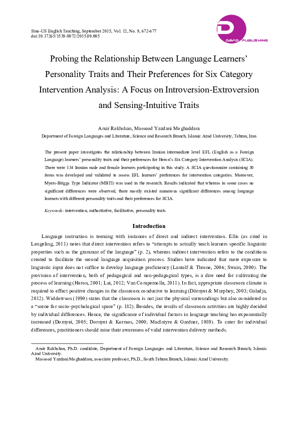 (PDF) Probing the Relationship Between Language Learners’ Personality Traits and Their ...