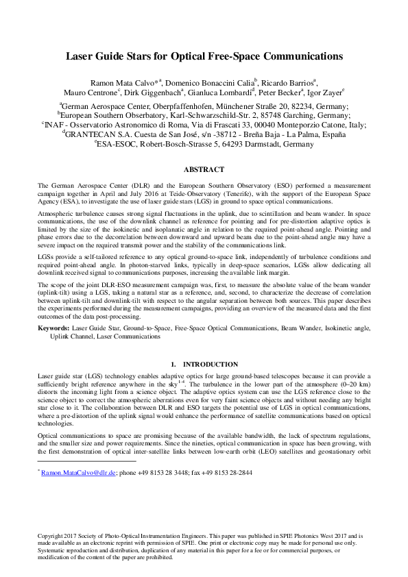 (PDF) Laser guide stars for optical free-space communications | Domenico Bonaccini Calia ...