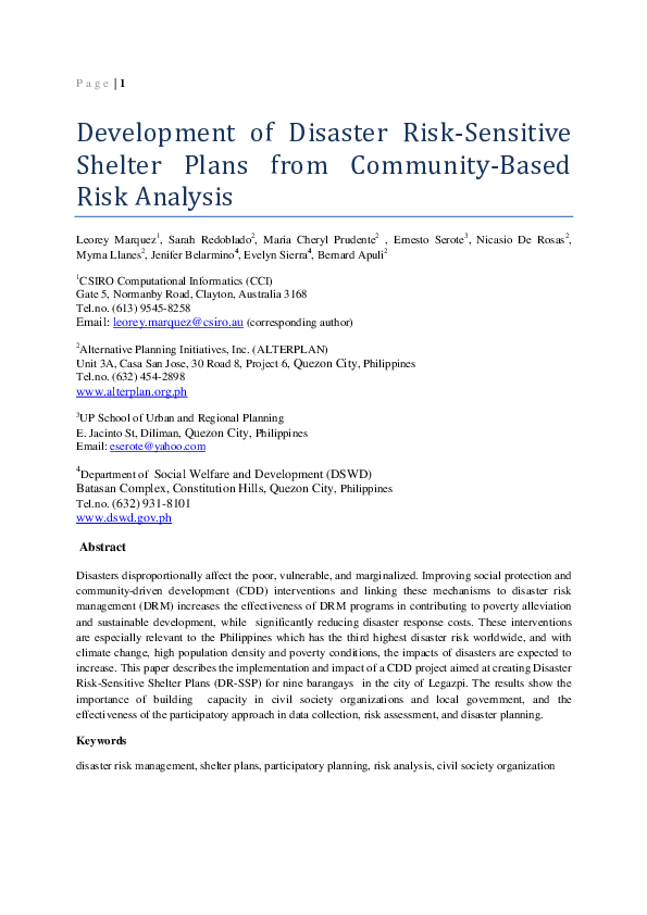 (PDF) Development of Disaster Risk-Sensitive Shelter Plans from ...