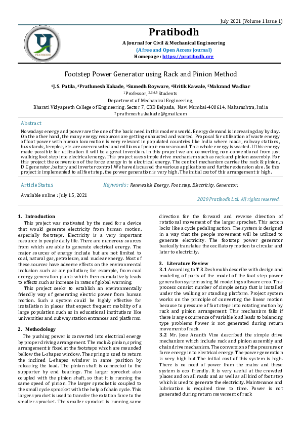 (PDF) Footstep Power Generator using Rack and Pinion Method