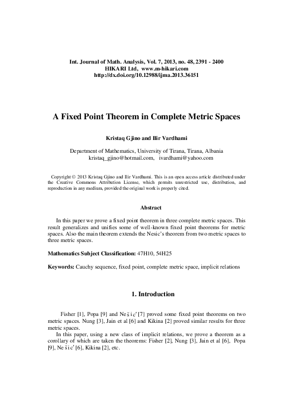 Pdf A Fixed Point Theorem In Complete Metric Spaces