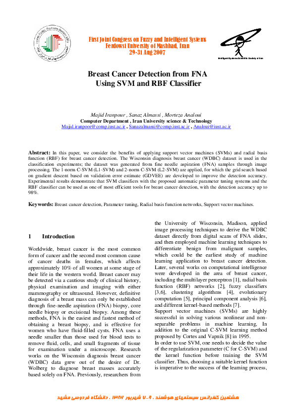 Pdf Breast Cancer Detection From Fna Using Svm And Rbf Classifier