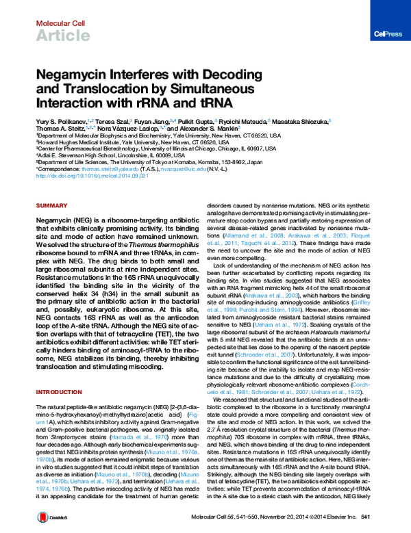 (PDF) Negamycin's Dual Interaction with rRNA and tRNA