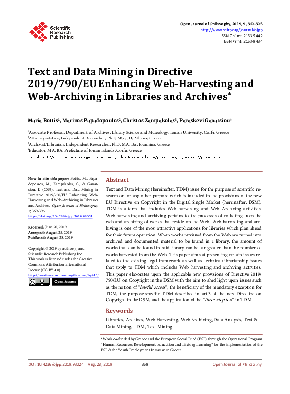 (PDF) Text and Data Mining in Directive 2019/790/EU Enhancing Web ...