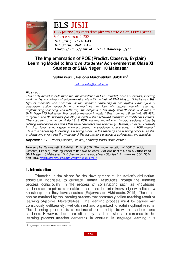 (PDF) The Implementation of POE (Predict, Observe, Explain) Learning Model to Improve Students ...