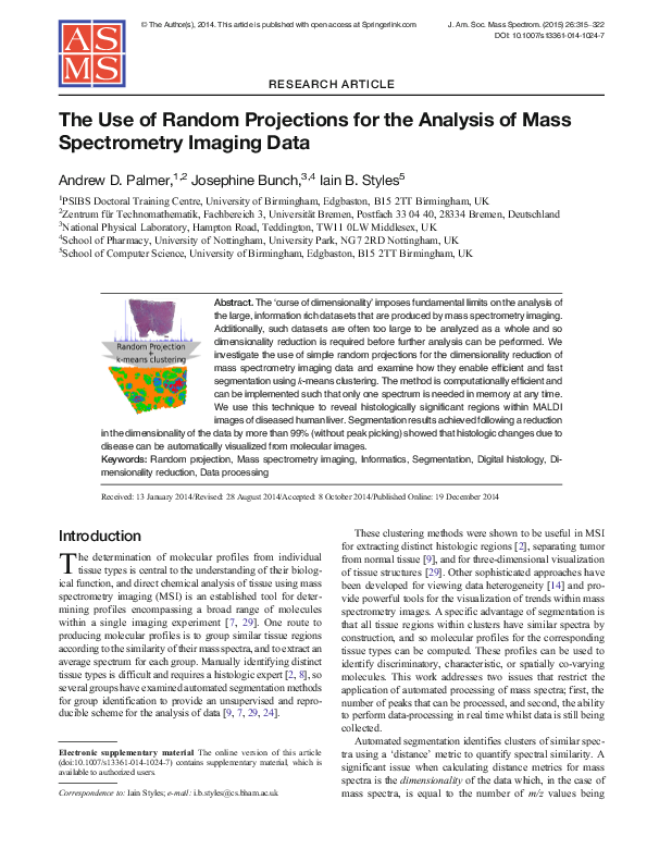 (PDF) The Use of Random Projections for the Analysis of Mass Spectrometry Imaging Data