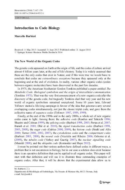 (PDF) Introduction to Code Biology