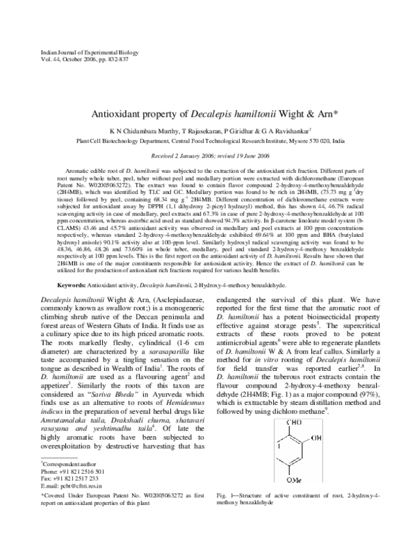 (PDF) Antioxidant property of Decalepis hamiltonii Wight & Arn