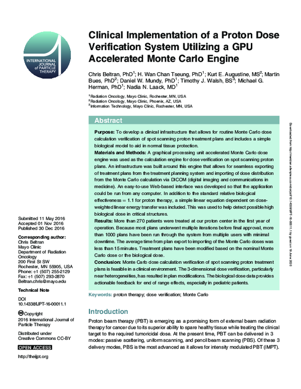 (PDF) Clinical Implementation of a Proton Dose Verification System Utilizing a GPU Accelerated ...