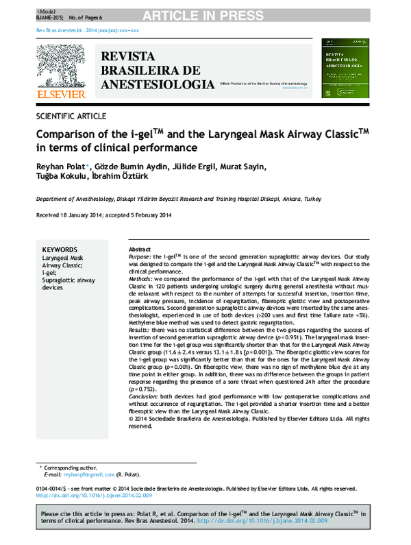 (PDF) Comparison of the i-gel™ and the Laryngeal Mask Airway Classic ...