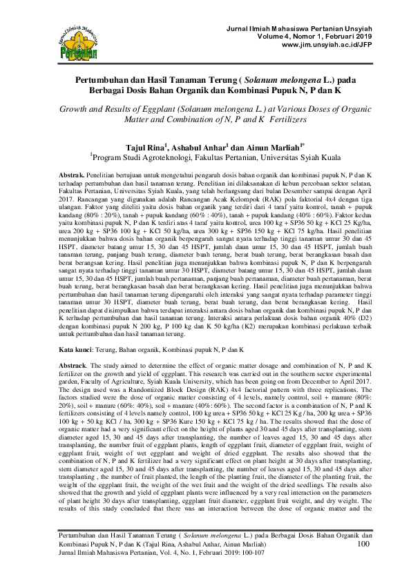 (PDF) Pertumbuhan dan Hasil Tanaman Terung (Solanum melongena L.) Pada Berbagai Dosis Bahan ...