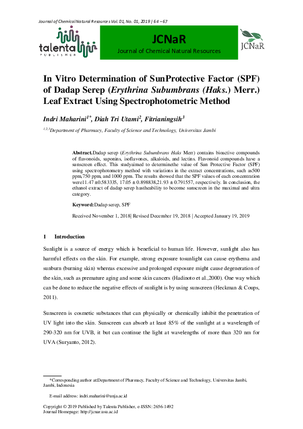 (PDF) In Vitro Determination of SunProtective Factor (SPF) of Dadap ...