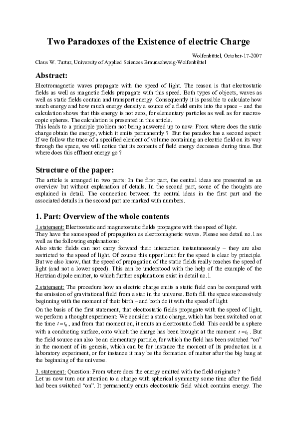 (PDF) Two Paradoxes of the Existence of electric Charge