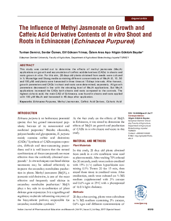 (PDF) The Influence of Methyl Jasmonate on Growth and Caffeic Acid Derivative Contents of In ...