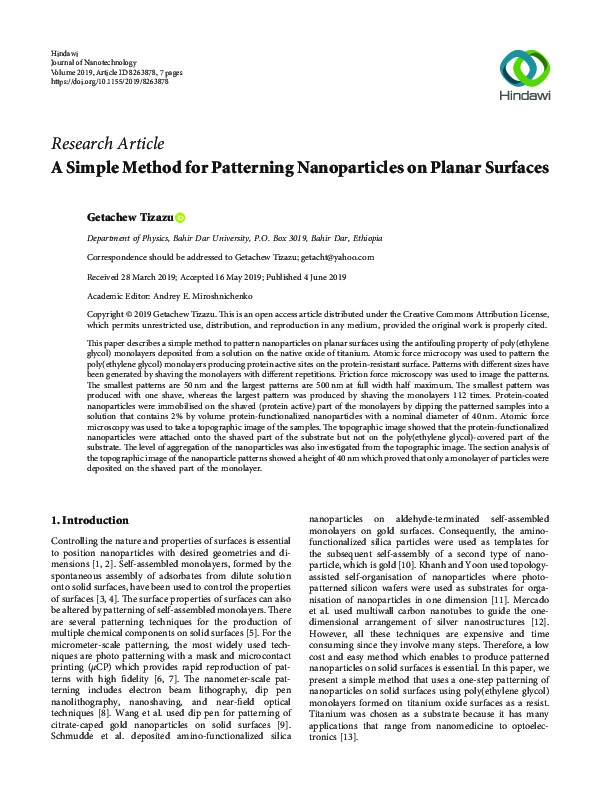 (PDF) A Simple Method for Patterning Nanoparticles on Planar Surfaces